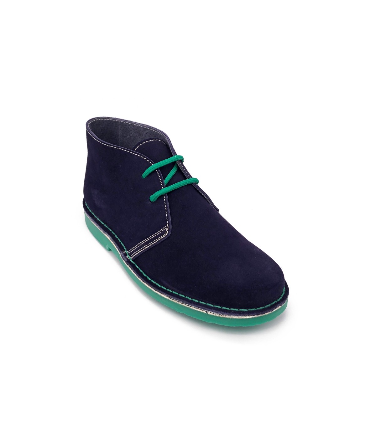 Bicolor navy blue and green desert boots for men. Surprising.