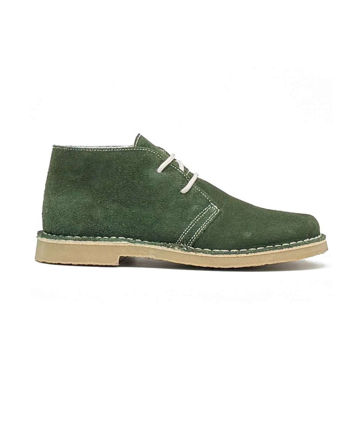 Dark green desert boots with a warm shearling lining.