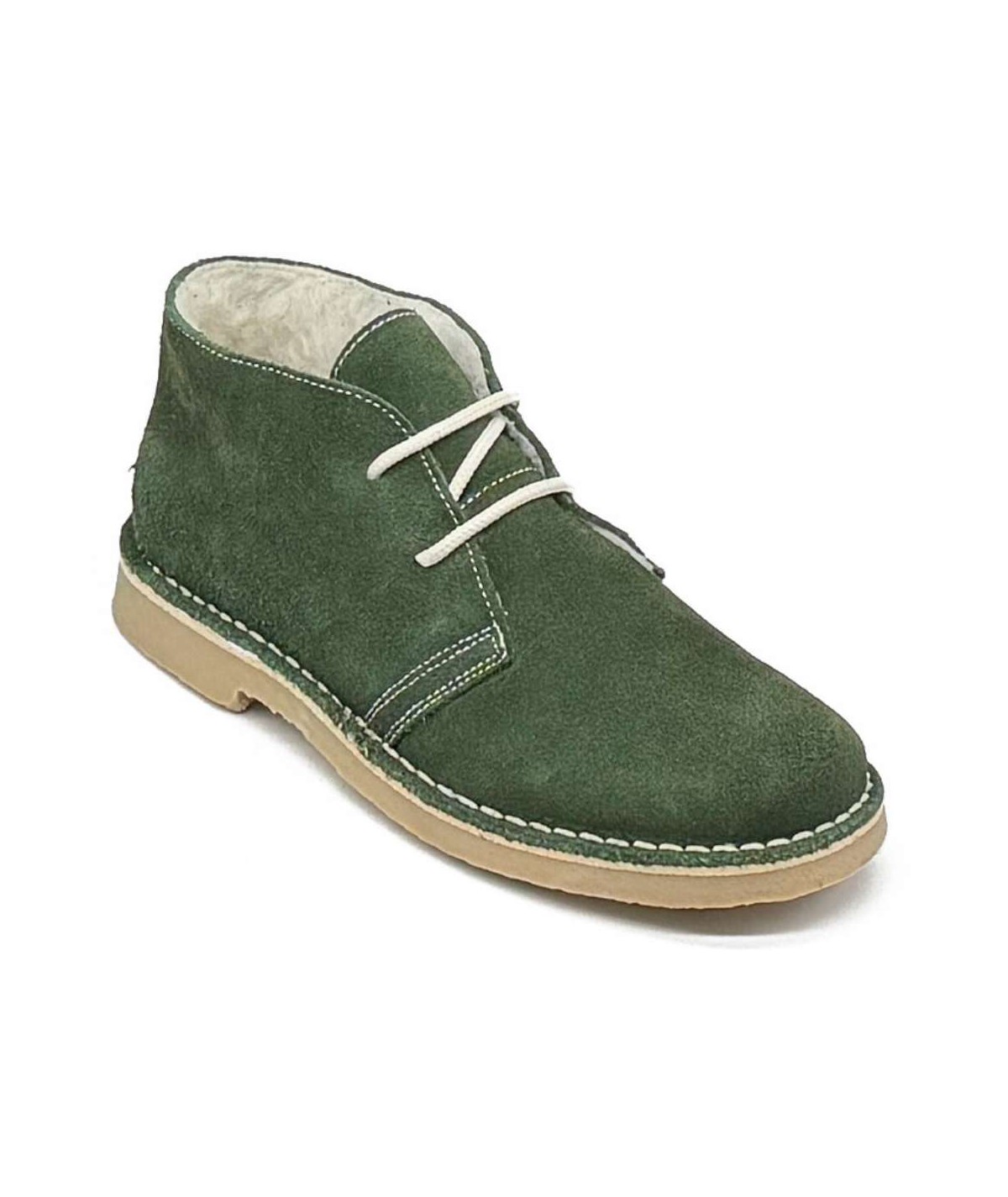 Dark green desert boots with a warm shearling lining.